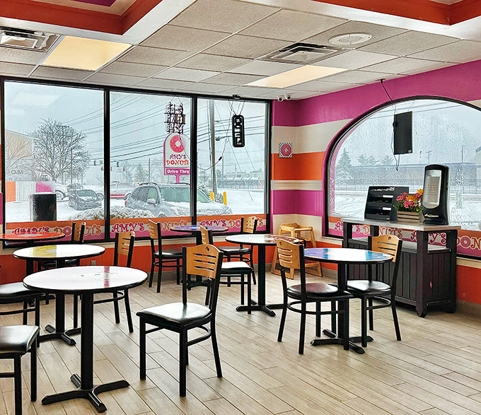 The dining area continues the cheerful color scheme, offering a bright spot even on Ohio's grayest winter days.