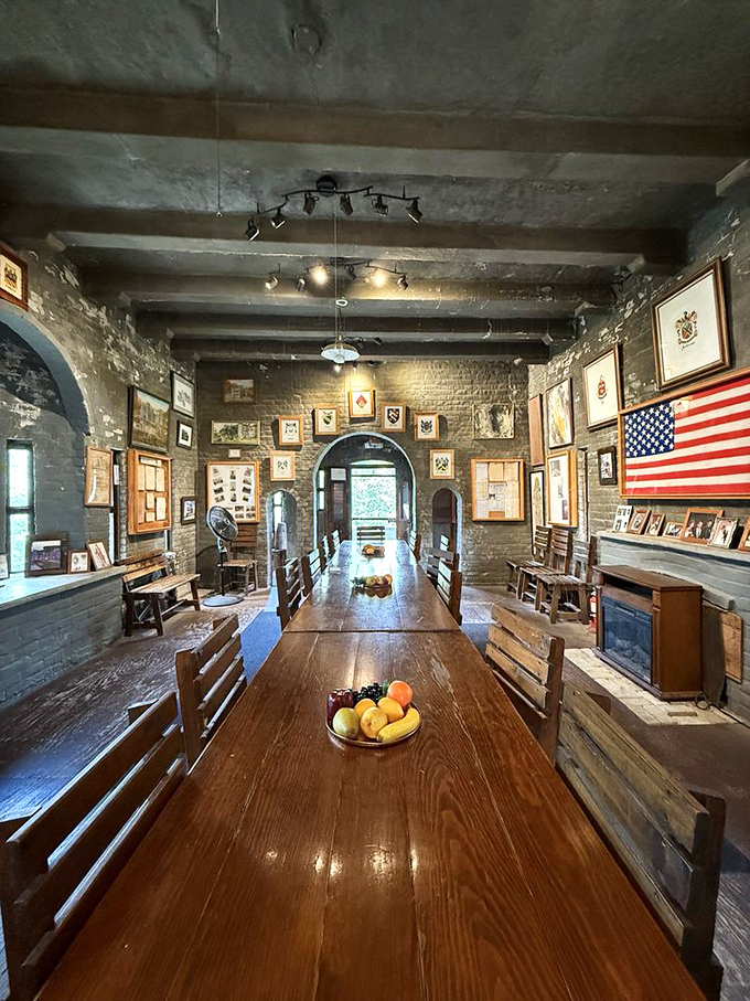 Step into the great hall where history meets homegrown craftsmanship. That long wooden table has hosted countless visitors, though probably fewer beheadings than its European counterparts.