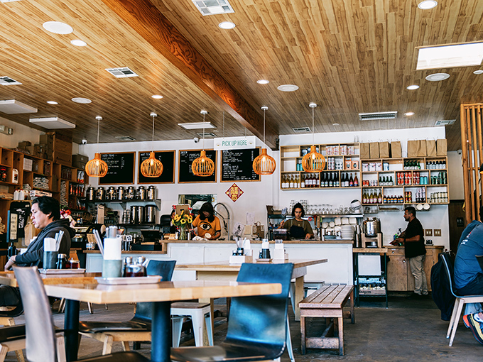 Warm wooden ceilings, pendant lights that glow like lanterns—Pine & Crane's interior feels like that cool friend's apartment you wish was yours. Minimalist design lets the food take center stage.