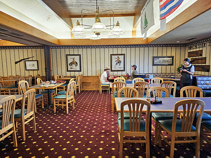 Step inside and time travel to a bygone era where Western art, wood paneling, and burgundy carpeting set the stage for culinary magic.