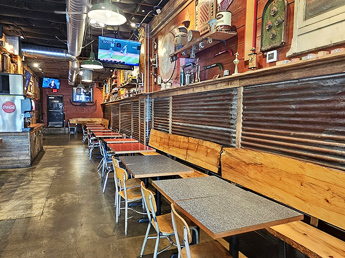Industrial chic meets comfort at Big's interior. Those corrugated metal walls and wooden benches say, "We're serious about chicken, not interior design."