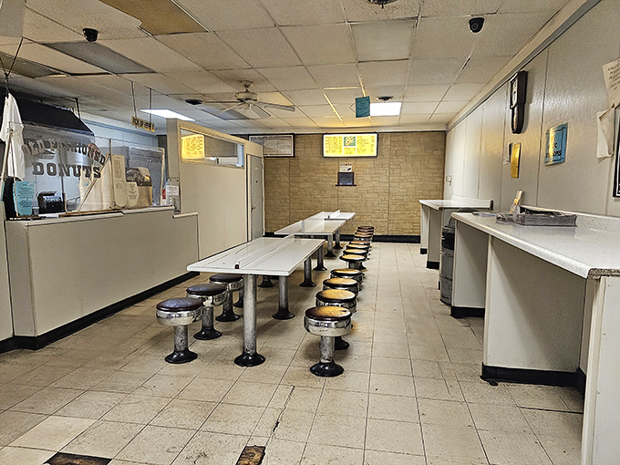 Simplicity reigns supreme inside with no-nonsense swivel stools and formica tables&mdash;this place knows the donuts should be the star of the show. 