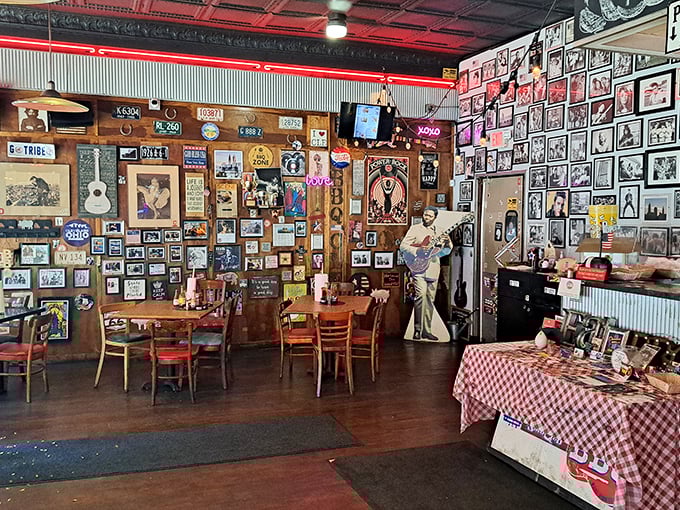 Every inch of wall space tells a story at Real Smoq'ed BBQ, where memorabilia creates the perfect backdrop for meat-induced euphoria.