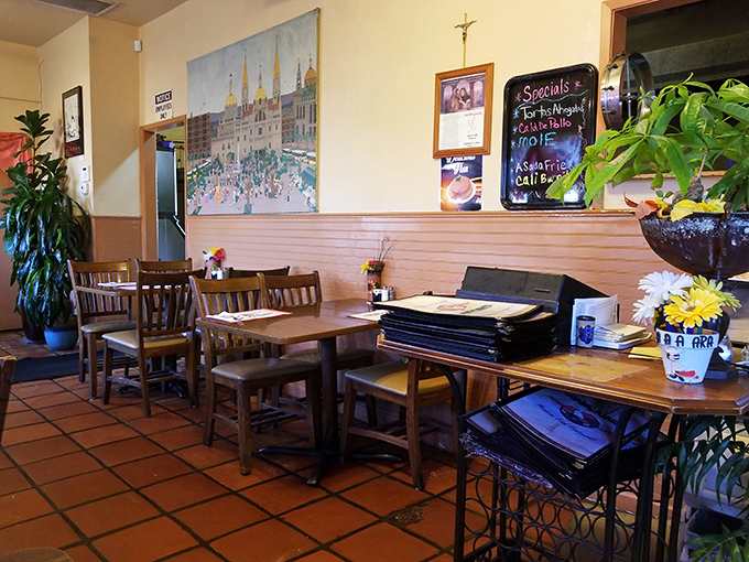 Simple wooden tables and terracotta floors create the kind of unpretentious comfort that lets the food be the star.