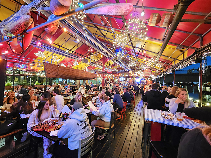 String lights and nautical charm create the perfect backdrop for your upcoming seafood feast at this waterfront gem.