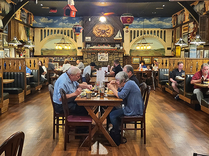 Dining under arched ceilings and nautical murals, you'll forget you're hundreds of miles from any ocean.
