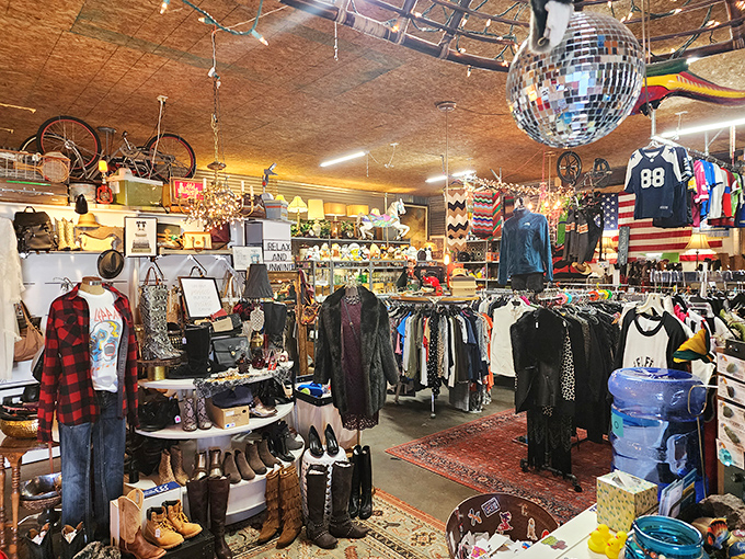 Beneath a disco ball that's seen more dance moves than Studio 54, racks of possibility await treasure hunters and fashion archaeologists alike.