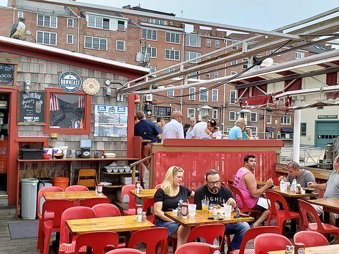 Those red plastic chairs aren't winning design awards, but they've supported thousands of happy diners watching boats drift by while savoring perfect lobster rolls.