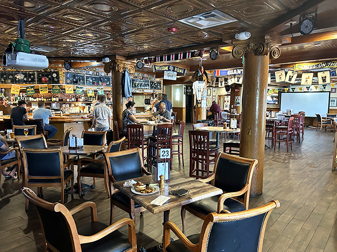 Step inside and you're transported across the Atlantic&mdash;ornate tin ceiling, warm wood tones, and that unmistakable pub ambiance that says "stay awhile."