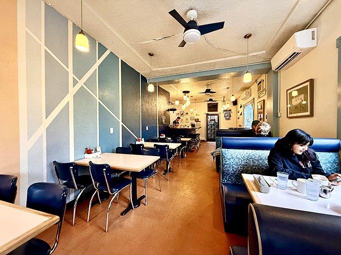 Inside, retro-cool meets cozy comfort. The kind of place where you can linger over coffee without anyone giving you the side-eye.