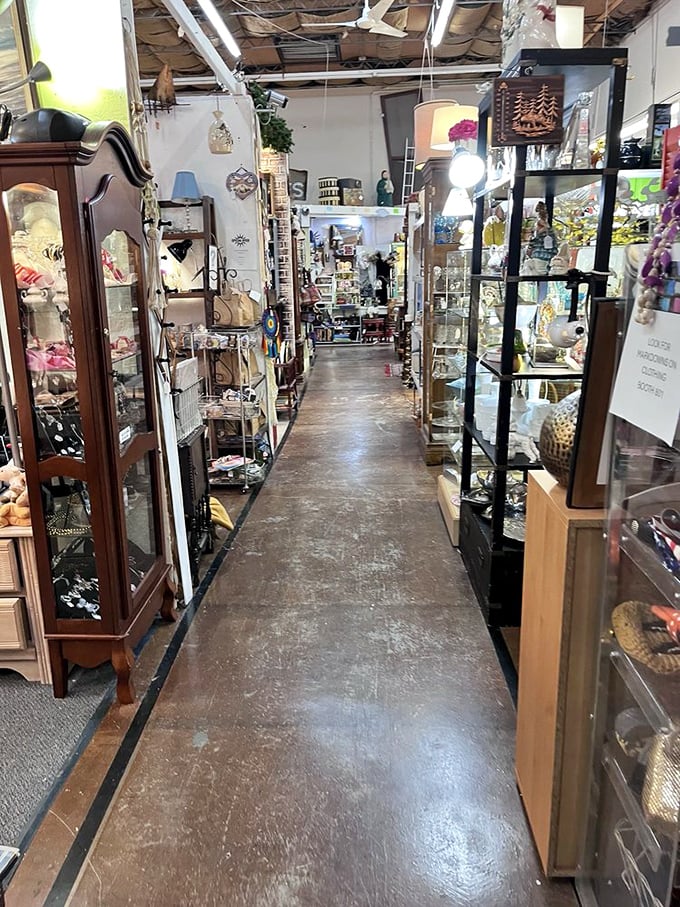 Narrow pathways lead to endless discoveries between glass display cases. Each aisle is like a different chapter in America's collective memory book.