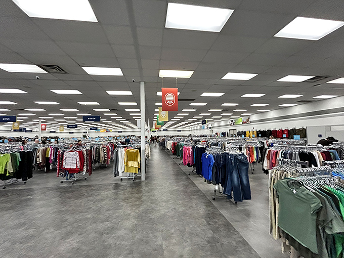 Rows upon rows of clothing stretch toward the horizon like a textile sea. The thrill of the hunt begins here.