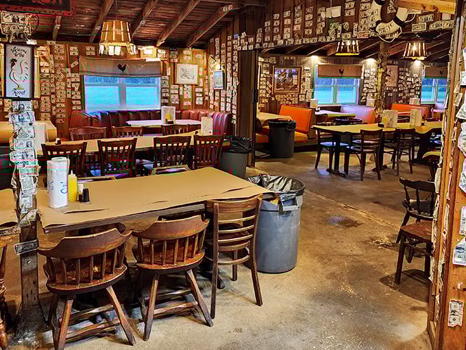 Where dollar bills become wallpaper and memories are made&mdash;The Red Roost's interior feels like your favorite uncle's cabin, if he happened to be a seafood genius.