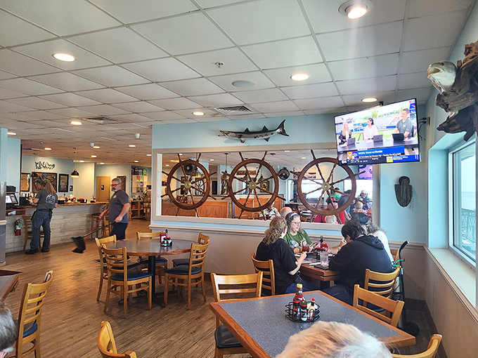 Ship wheels and mounted fish transform dining into a maritime adventure&mdash;like eating in the captain's quarters, but with better service.