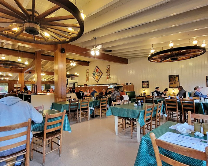 Wagon wheels overhead, checkered tablecloths below&mdash;this isn't just breakfast, it's a journey to a time when morning meals were events worth savoring.