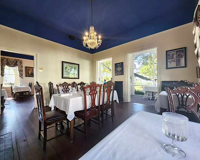 That royal blue ceiling isn't just gorgeous&mdash;Southern tradition says it keeps away spirits (though the spirits in your glass are always welcome).