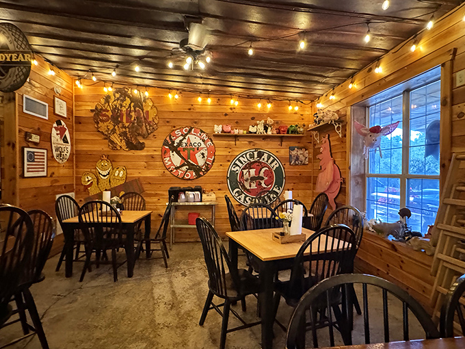 Step inside and you're transported to barbecue heaven. Wood-paneled walls adorned with vintage signs create the perfect backdrop for meat-induced euphoria.
