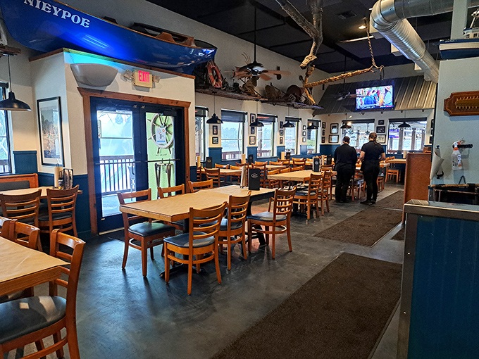 Nautical charm meets casual comfort inside, where fishing memorabilia dangles from the ceiling and sea stories flow as freely as the drinks.