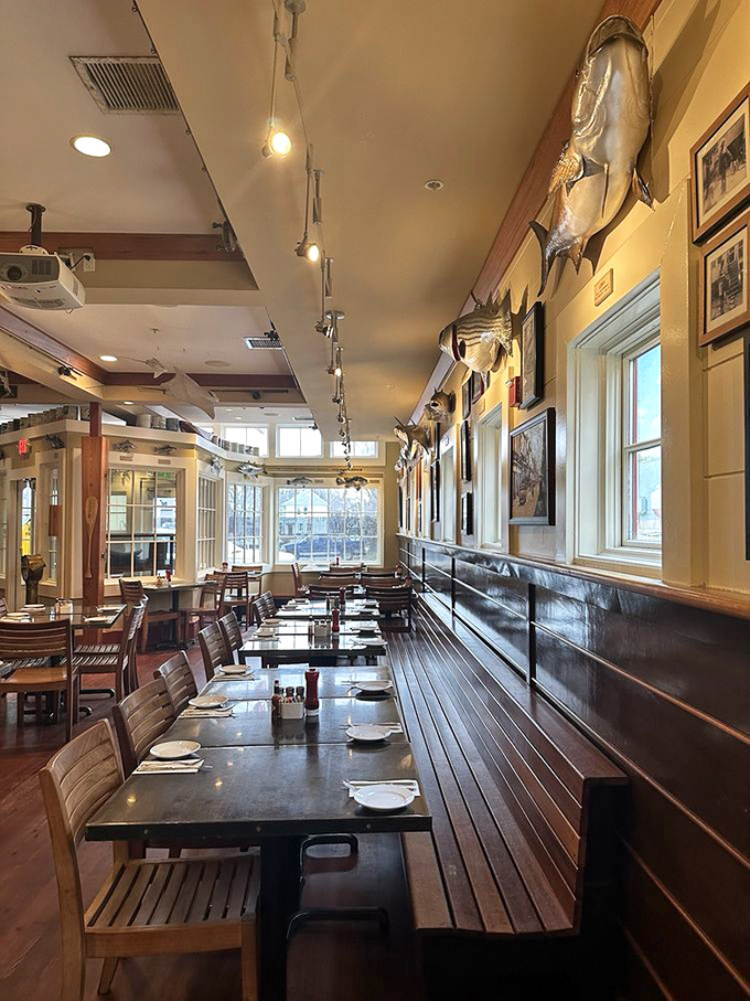 Mounted fish keep watchful eyes over diners, as if to say, "We volunteered our cousins for your dinner. Choose wisely."