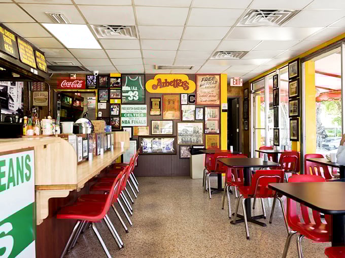 Step inside and you're transported to classic American dining, where red seats and nostalgic memorabilia create the perfect backdrop for comfort food.