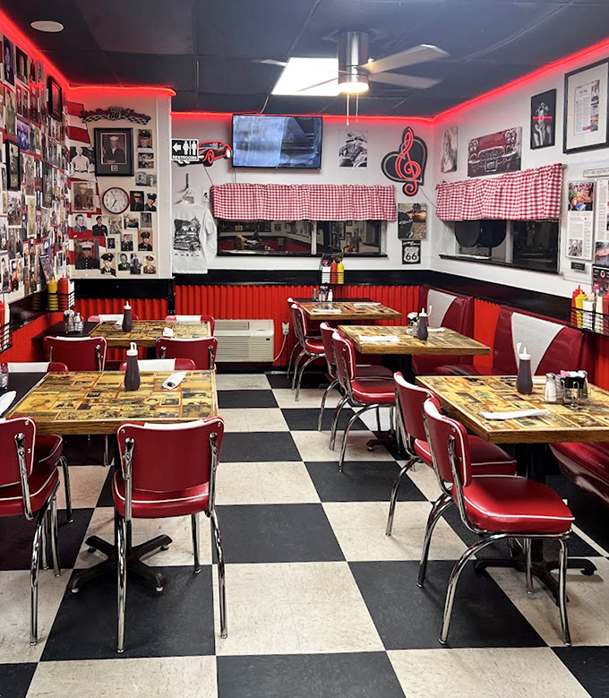 Step inside and time travel to the golden age of American diners&mdash;checkerboard floors, red vinyl booths, and walls that tell stories of Route 66 adventures.