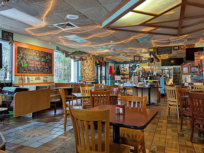 Fishing nets strung across the ceiling create maritime magic. It's like dining inside a cozy captain's quarters where calories don't count.