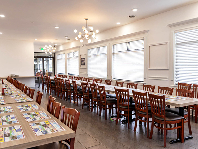 Spacious yet cozy, Rudy's dining room strikes that perfect balance between "room to breathe" and "warm enough to call your mother."