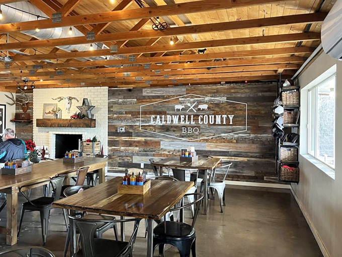 Exposed wooden beams and reclaimed wood walls create the perfect rustic backdrop for the meat-centric magic that's about to unfold on your taste buds.