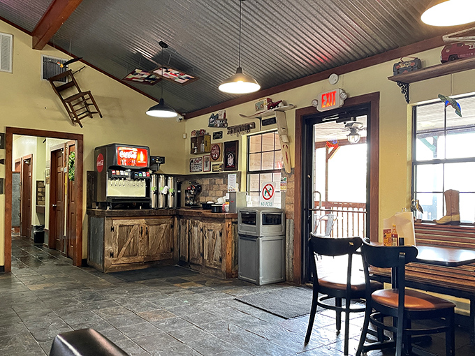 Inside, the corrugated metal ceiling and rustic wood details create that perfect "I've discovered something special" atmosphere that chain restaurants try desperately to fake.