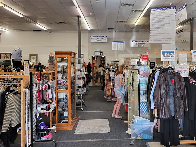 Step inside and enter the labyrinth of previously-loved treasures. The aisles beckon with possibilities, each rack a new adventure waiting to unfold.