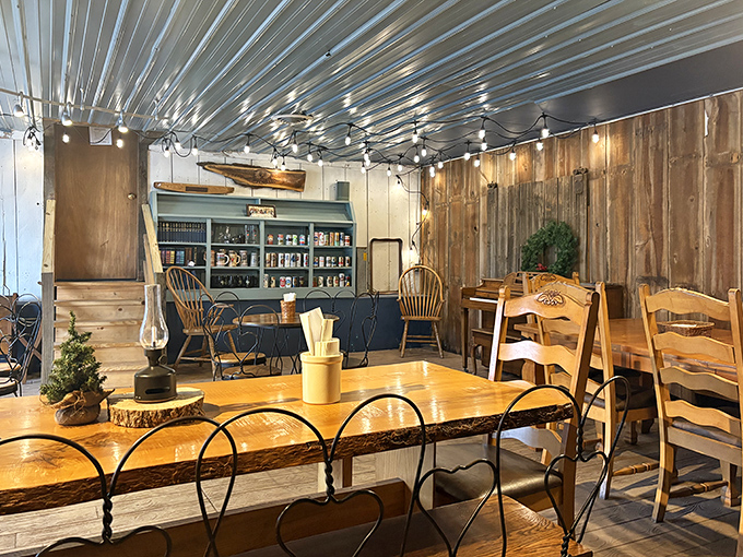 Rustic wood meets industrial chic under a stunning corrugated ceiling that somehow makes pizza taste even better than expected.