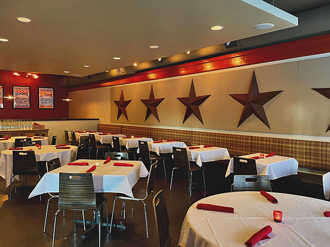 Those dramatic stars on the walls aren't just decoration—they're a declaration of burger confidence, and rightfully so.