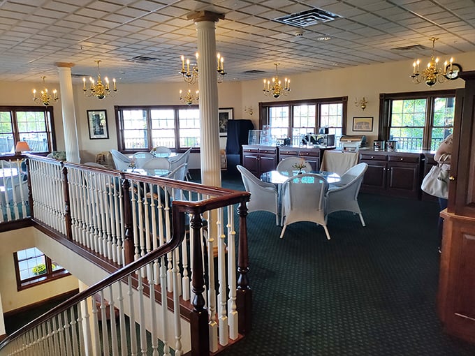 Elegant simplicity defines the upstairs dining area. Those chandeliers aren't just for show&mdash;they're illuminating what might be your new favorite meal destination.