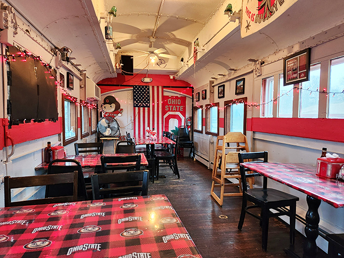 Step inside and you're immediately transported to Buckeye heaven &ndash; where Ohio State pride meets classic diner comfort in a genuine vintage train car.