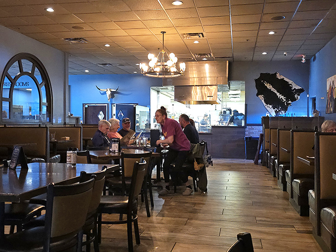 Clean lines and comfortable seating prove you don't need velvet curtains to enjoy a world-class steak dinner.