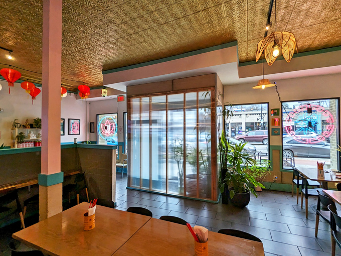 Modern meets cozy in this welcoming space where red lanterns dance overhead and good food is clearly the priority.