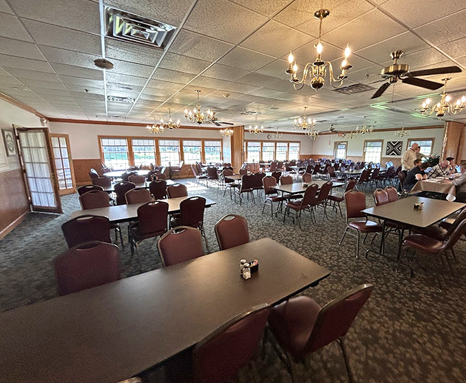 Simple elegance defines the dining room, where chandeliers cast a warm glow over tables that have hosted countless family celebrations and first dates with dessert.