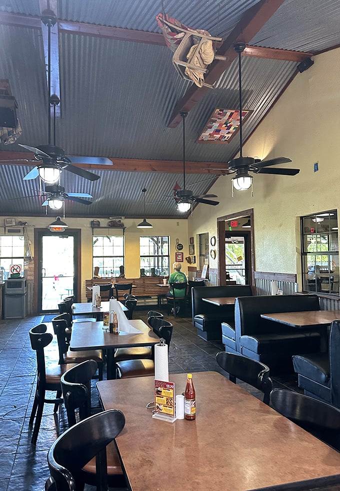 Wood-paneled walls and exposed ductwork create the perfect time capsule atmosphere&mdash;like dining in your favorite uncle's basement, but with better food.