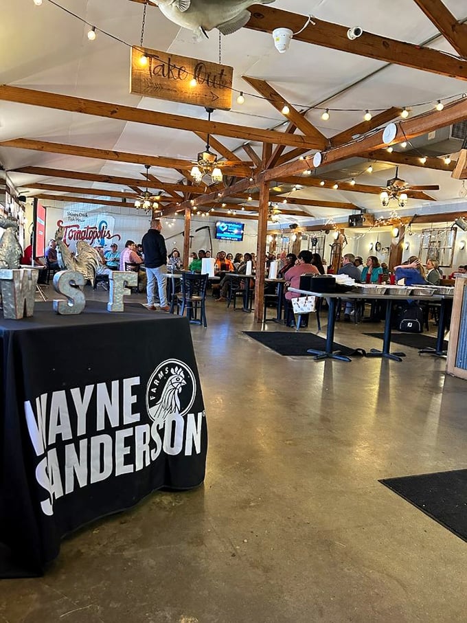 Exposed wooden beams and twinkling string lights create that "grandma's fancy dining room" atmosphere where memories are made between bites.
