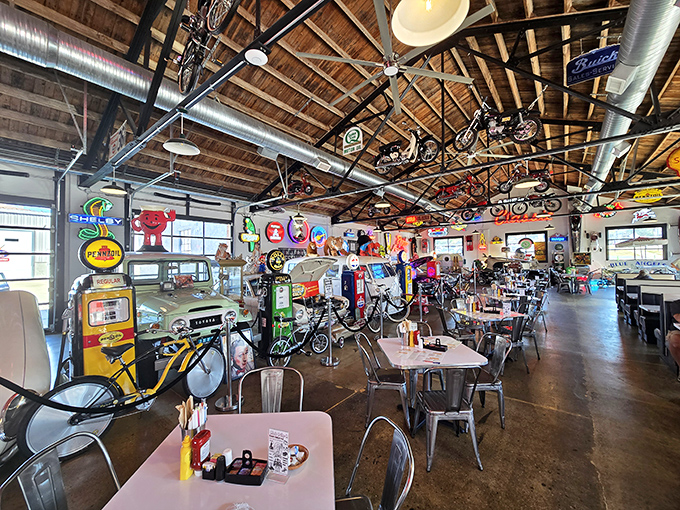Bicycles suspended from wooden rafters, vintage signs on every wall&mdash;this isn't decoration, it's a museum where you can eat.