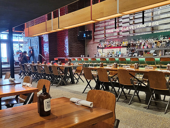 Industrial-chic meets meat sanctuary inside Mabel's, where communal tables and green-backed bar stools invite strangers to become friends over plates of spectacular barbecue.