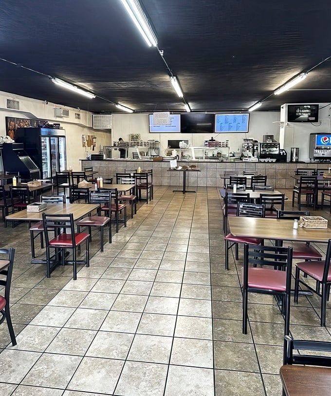 No-frills interior with simple tables and chairs – the universal sign that you're about to experience food so good it doesn't need fancy surroundings.