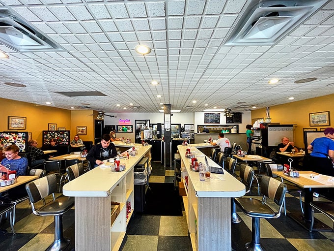The Echo's interior is diner perfection: yellow walls, checkered floors, and tables where memories are made alongside pancakes.