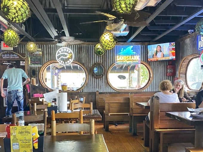Nautical meets neighborhood joint inside, where green glass float lamps and porthole windows make you feel like you're dining in a beloved fishing boat.