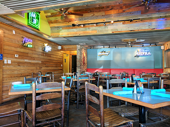 Step inside to wooden walls, exposed beams, and neon signs that create the perfect backdrop for the flavor explosion that's about to happen on your plate.