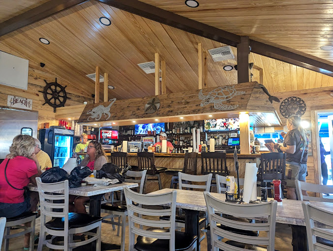 Nautical touches and weathered wood create the perfect backdrop for serious eating, where comfort trumps pretension every single time.