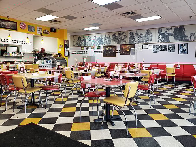 Step inside and suddenly you're in a time machine &ndash; checkered floors, cherry-red booths, and yellow walls that practically high-five your eyeballs.
