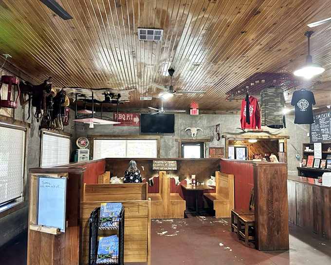 Step inside and the wooden-paneled ceiling, western decor, and booth seating tell you this place takes its barbecue heritage as seriously as Oklahomans take their football.