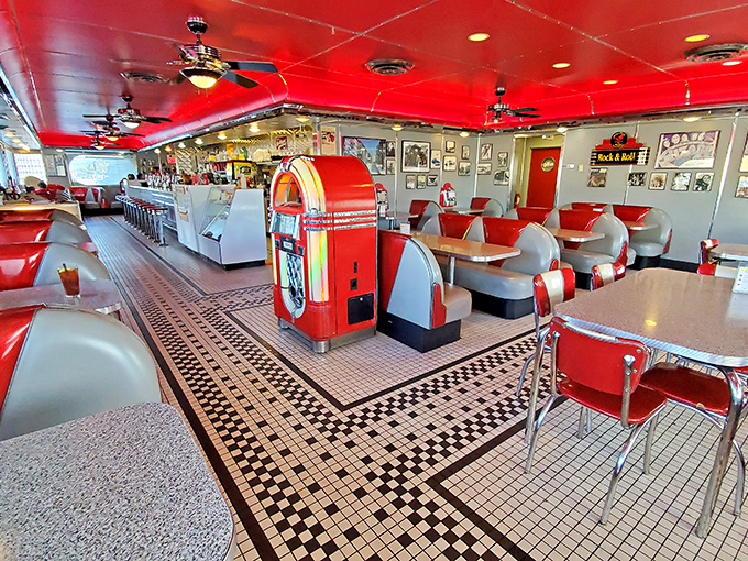 Where Elvis might still order breakfast. The classic red ceiling, checkerboard floor, and vintage jukebox create the perfect backdrop for morning magic.