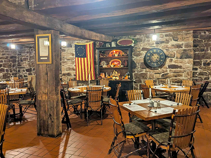 Step back in time where wooden beams and stone walls create a dining atmosphere George Washington himself would recognize&mdash;minus the powdered wig, of course.